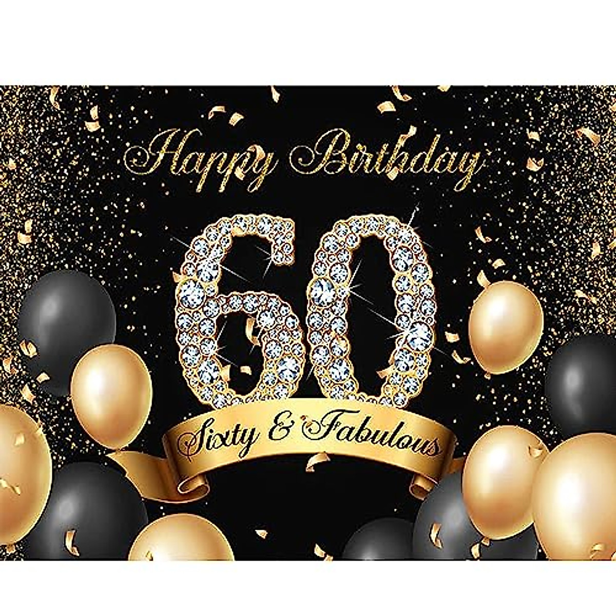5x4Ft 60th Birthday Backdrops Black Gold Glitter Diamonds Balloons Photography Background Birthday Party Backdrop Decoration Cake Table Banner Photo Booth Props