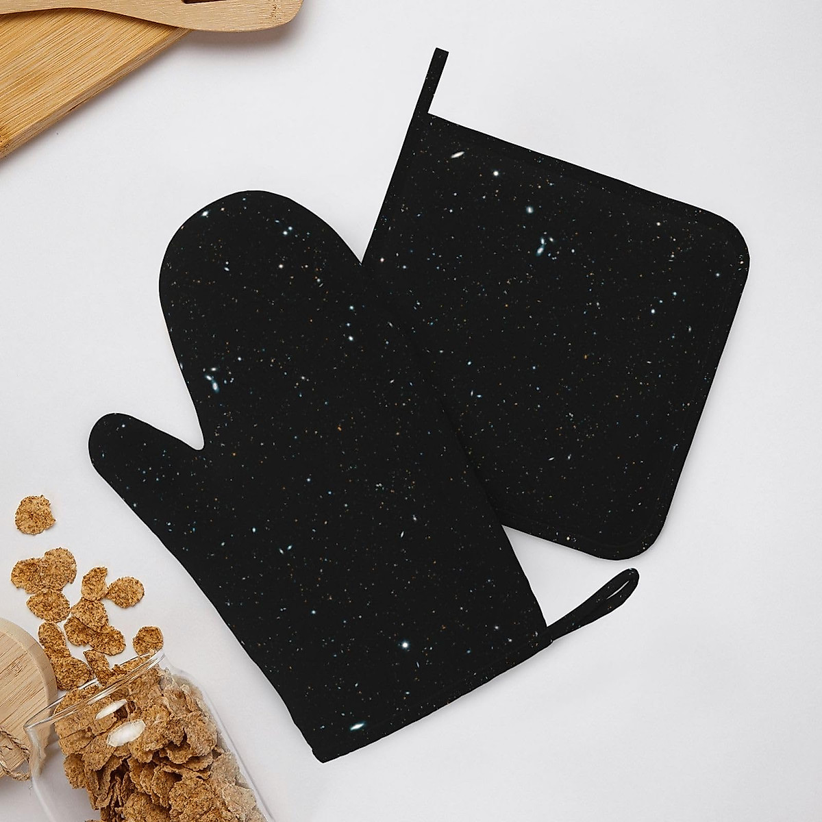 Black Glitter Silicone Oven Mitts Pot Holder Sets 2pcs Cute Design Washable Non Slip Kitchen Heat Resistant Mat Women's Cooking Gloves for Baking and BBQ Wear