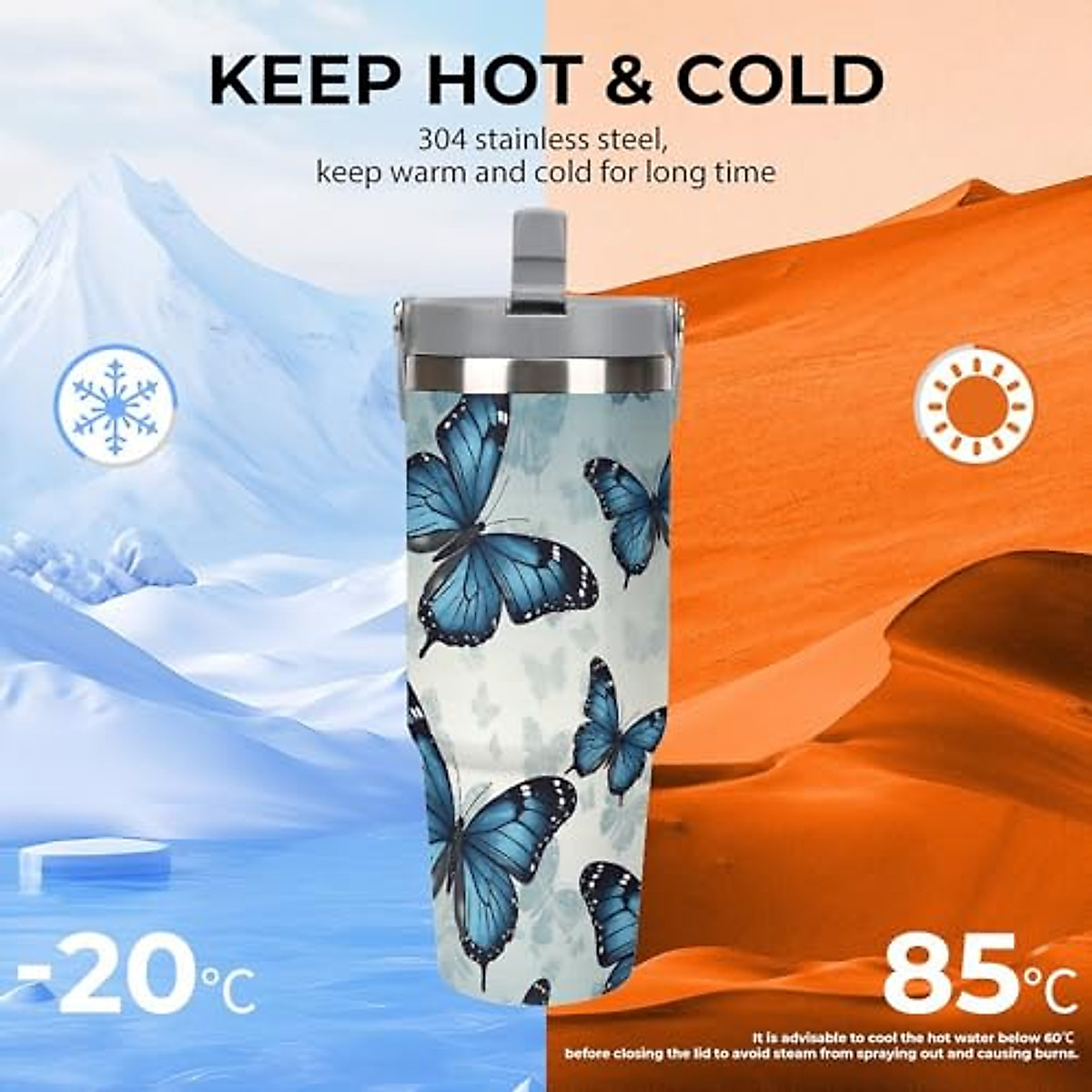 STVNKML 30 Oz Tumbler with Handle And Straw, Blue Butterfly Leakproof Stainless Steel Water Bottle for Hot & Cold Drinks 24 Hours, Car Cup Holder Friendly, Travel Mug for Home, Office, Gym