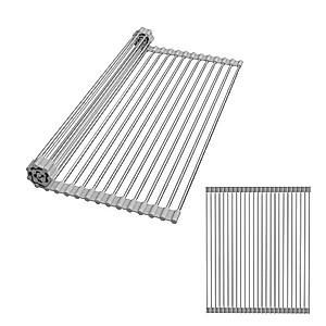 EMBATHER Roll Up Dish Drying Rack Over The Sink, Dish Drying Rack for Kitchen Counter, Multipurpose Stainless Steel Foldable Kitchen Drainer Rack with Silicone Mat, Anti-Slip, (Grey, 20.5"x15")