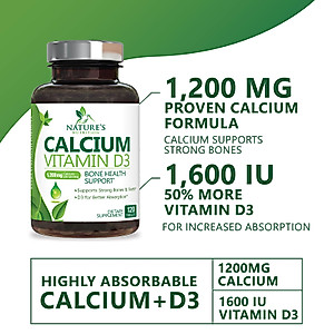 Calcium 1200 mg Plus Vitamin D3, Bone Health & Immune Support - Nature's Calcium Supplement with Extra Strength Vitamin D for Extra Strength Carbonate Absorption Dietary Supplement - 120 Tablets