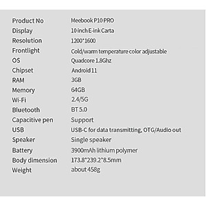 Meebook P10 Pro E-Reader,2022 New 10" E-Ink Tablet Paperwhite Reader with Adjustable Front Light,Cold/Warm Light,Android 11,3GB Ram+64GB,Dual Touch, Support Hand Writing,WiFi OTG