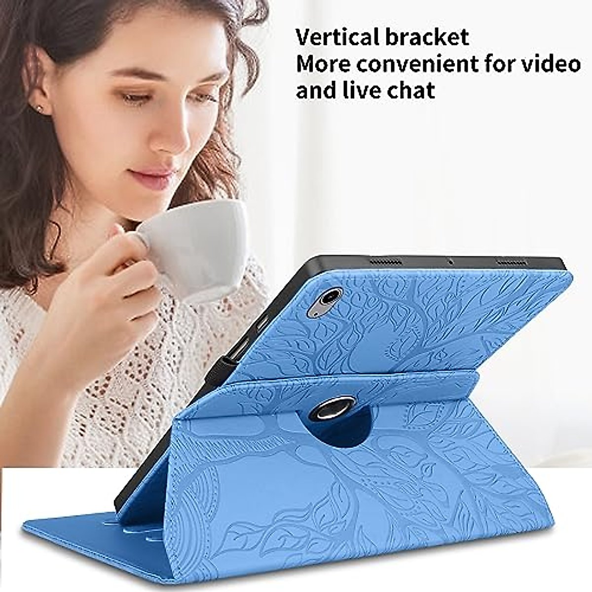 Schaflie Compatible with iPad 10th Generation Case 2022 iPad 10.9 Case 360 Rotating Cover PU Leather Stand Function with Tree Embossed with Pen Holder Cover for iPad 10th Generation Blue