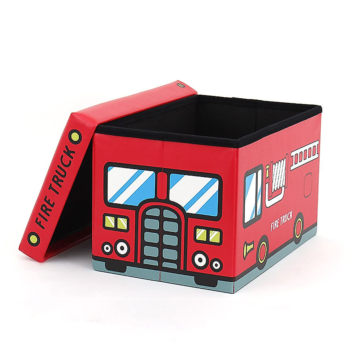 HOERGOTS Toy Chest with Lid Sturdy Toy Box for Boys Girls Fire Truck Pattern Foldable Children Storage Ottoman Bench Holds up to 660 lb, 19"x12"x12" (Red)