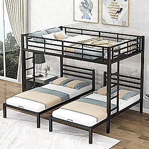 DEYOBED Full Over Twin & Twin Metal L-Shaped Triple Bed Bunk Bed with Shelf and Dual Ladders - Functional and Stylish Sleep Arrangement for Kids, Teens, Adults