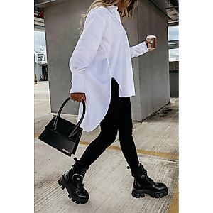 Mayntop Women Cotton Hi-Low Irregular Button-Down Collar Dipped Hem Long Sleeve Loose Shirt Solid Color Plain Business Casual Oversized Side Slit Top BFF Baggy Blouse A White S