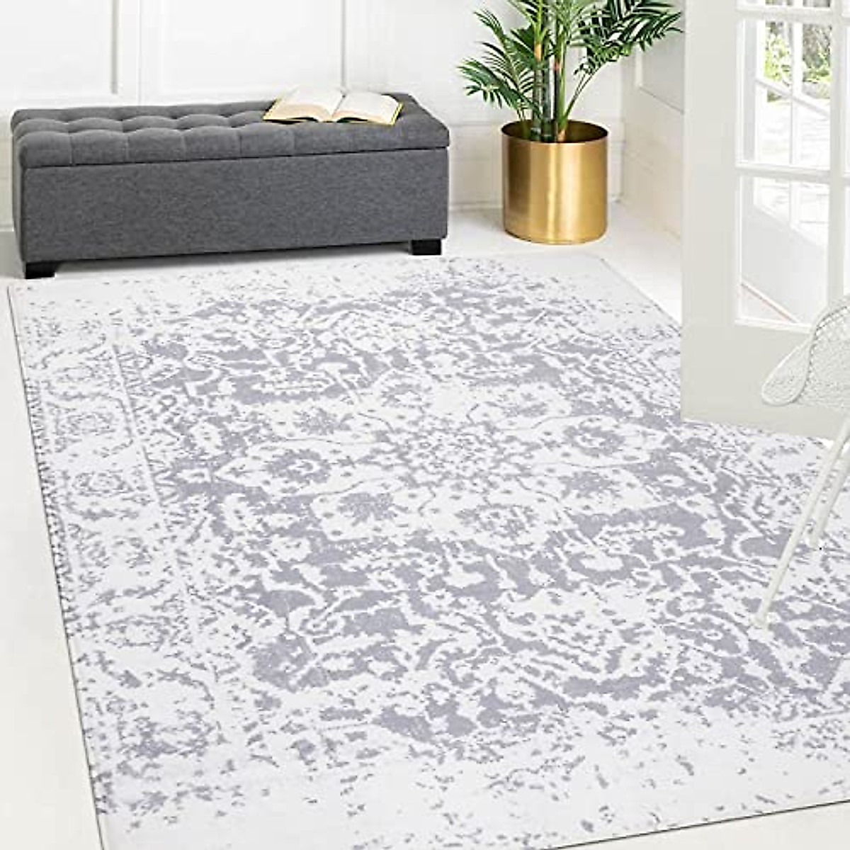 Homcomoda Distressed Area Rug 4x6 Non Slip Washable Vintage Bedroom Rug Faux Wool Throw Mat Low-Pile Area Floor Carpet Mat for Living Room Bedroom Kids' Room Kitchen Laundry Room