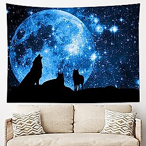 HVEST Wolf Tapestry Wall Hanging Full Moon in Blue Space Tapestries Wild Animal Wolves Wall Decor Blanket for Kids Bedroom Living Room Dorm Party (48X36")