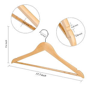 FSUTEG Coat Hangers 20 Pack Wooden Suit Hanger Wooden Hangers Premium Lotus Wood with Notches & Chrome Swivel Hook and Non Slip Pants Bar for Dress Clothes, Coats, Jackets, Pants, Shirts, Skirts