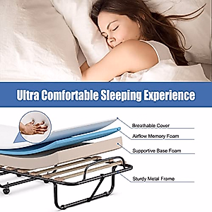 Giantex Folding Bed with Mattress for Adults, Rollaway Guest Beds w/Memory Foam Mattress & Metal Frame, Made in Italy, Cot Size Rollaway Bed, Portable Foldable Sleeper Bed for Home, 75" x 32" (Blue)