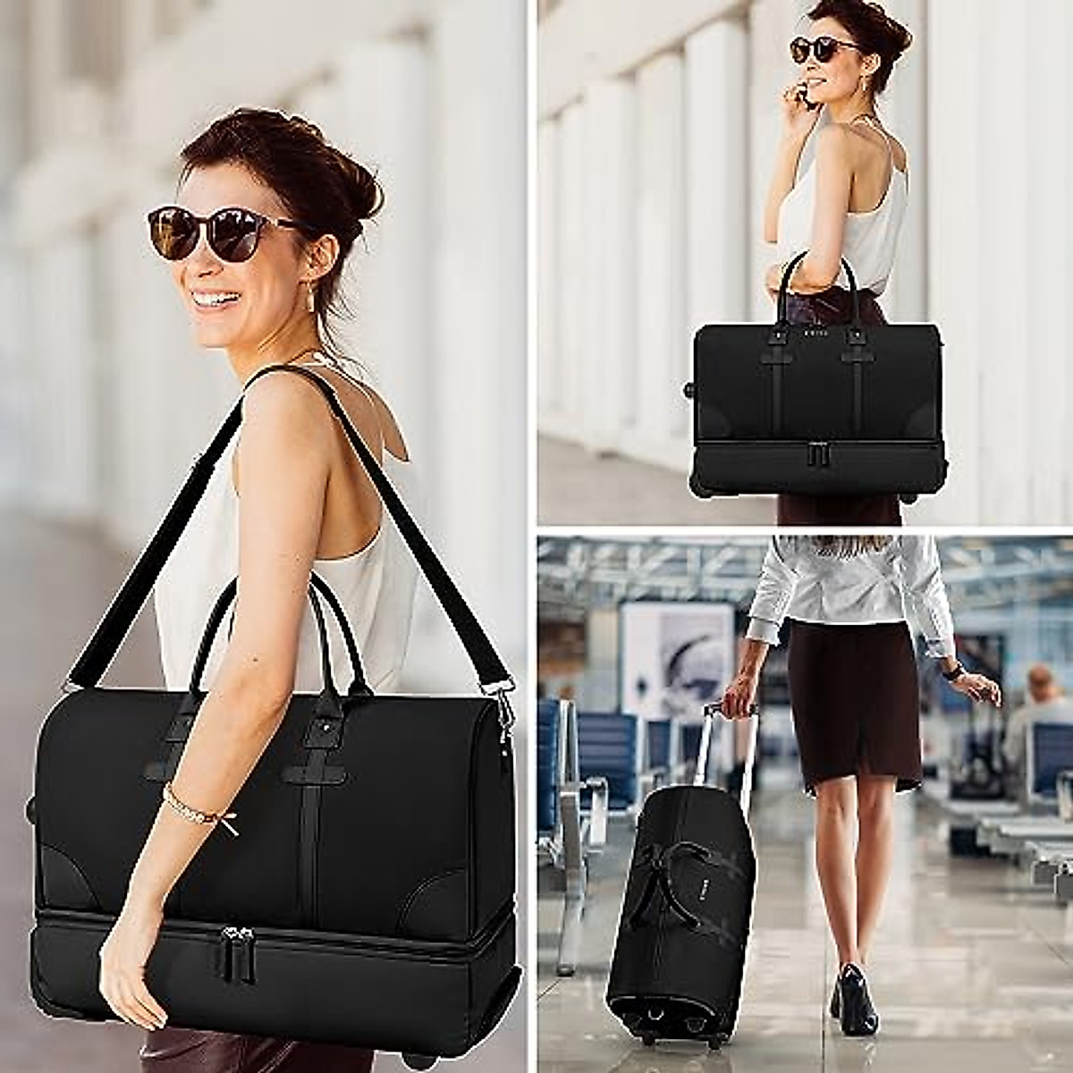 ETRONIK Rolling Duffle Bag with Wheels, 21 Inch Carry on Bag for Airplanes with Shoes Compartment, Canvas Weekender Overnight Bag for Women with Toiletry Bag, Black