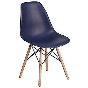 Flash Furniture 2 Pack Elon Series Navy Plastic Chair with Wooden Legs for Versatile Kitchen, Dining Room, Living Room, Library or Desk Use
