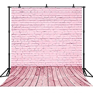 Mocsicka Pink Brick Wall with Wood Floor Photography Backdrop 5x7ft Vinyl Newborn Baby Photoshoot Children Kids Potrait Background Photo Booth Studio Props