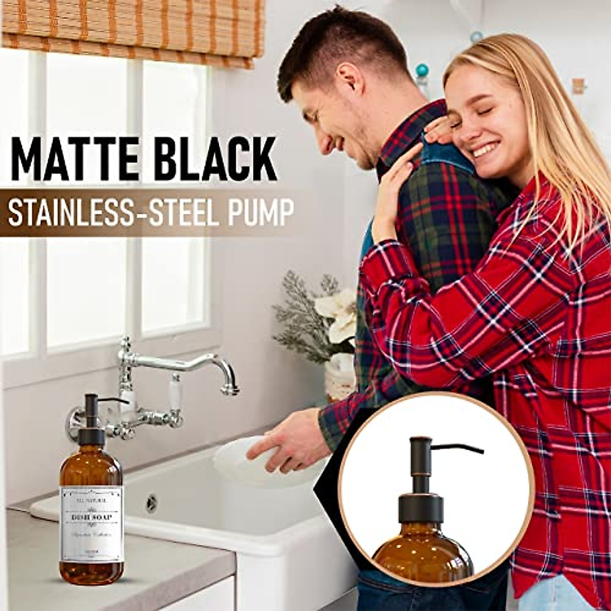 Sunrise Premium 2 Pack Amber Glass Soap Dispenser 16 OZ with Oil Rubbed Bronze Stainless Steel Pump, Hand and Dish Soap Dispenser Set for Bathroom and Kitchen Sink with 6 Waterproof Labels