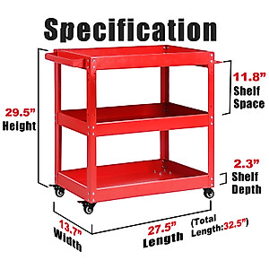 BRLJUNEO Tool Cart on Wheels, 3 Tier Rolling Mechanic Tool Cart, Heavy Duty Steel Utility Cart w/Lockable Wheels, 450 LBS Capacity Industrial Service Cart for Garage, Warehouse, Workshop (Bright Red)