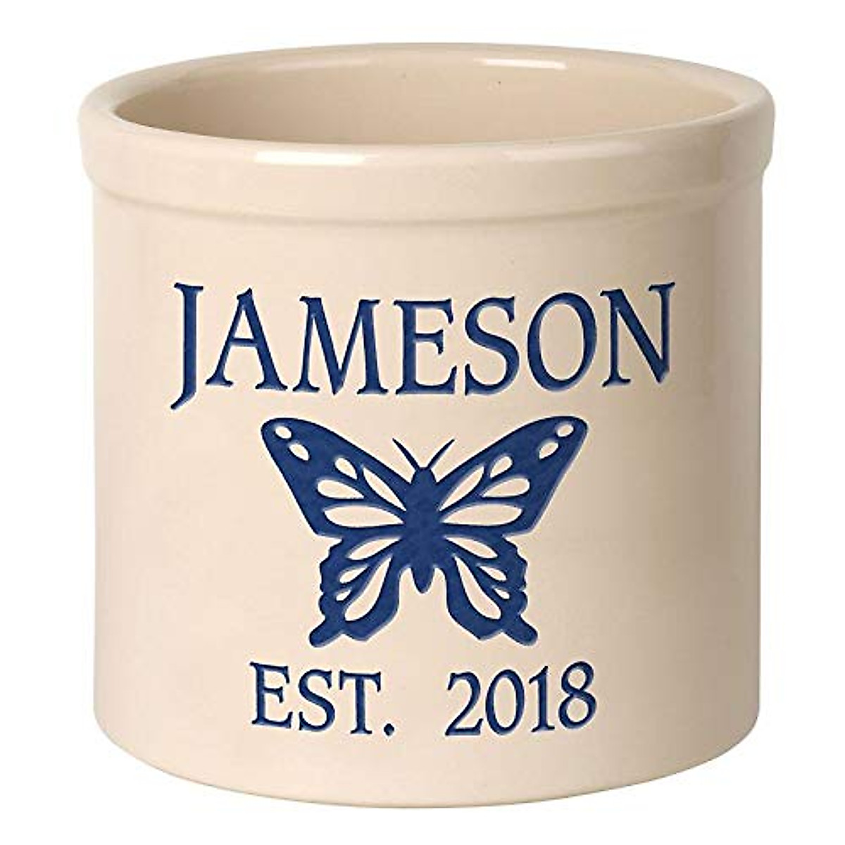 Whitehall 2548DB Personalized Butterfly 2 Gallon Stoneware Crock with Ceramic Material in Blue Color 9.75 x 9.75 x 9