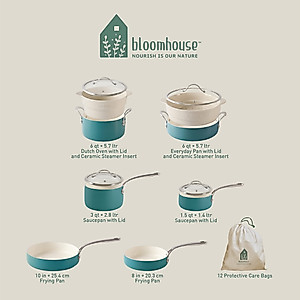 Bloomhouse - Oprah's Favorite Things - 12 Piece Aluminum Pots and Pans Cookware Set w/Non-toxic Ceramic Non-stick, Ceramic Steamer Insert, & 12 Protective Care Bags - Agave Blue