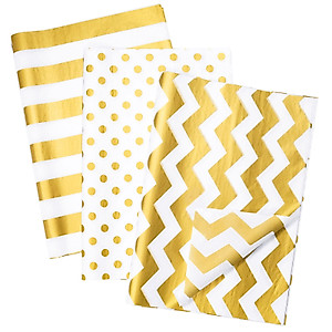 80 Sheets Gold White Tissue Paper Bulk - Artdly 14"x20" Metallic Tissue Paper Gift Wrap Paper Set with Stripe, Polka Dot, Wave Gold Design Patterned for Birthday, Graduation, DIY and Craft, Gift Bags