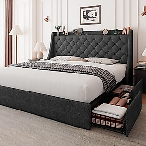 Feonase Queen Bed Frame with 4 Storage Drawers, Upholstered Storage Bed with Charging Station, Tufted Wingback Storage Headboard, No Box Spring Needed, Dark Grey
