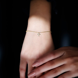 Rosec Jewels Certified Diamond Cross Charm Bracelet for Women, HI-SI Quality, Natural Diamond Stackable Religious Chain Bracelet, 14K Yellow Gold