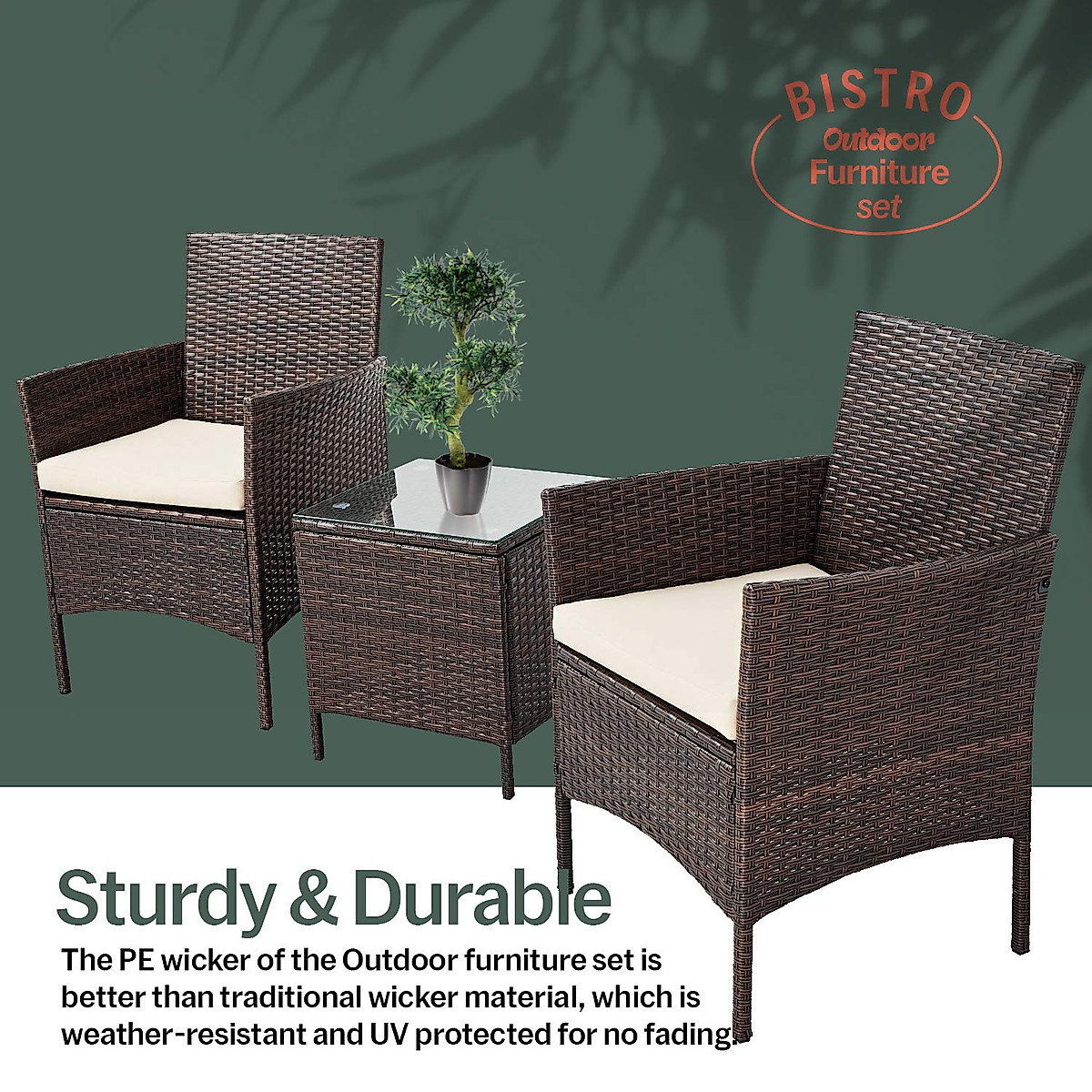 Pyramid Home Decor Alvino Patio Bistro Set 3-Piece Outdoor Wicker Furniture Sets, Modern Rattan Garden Conversation Chair with Thick Cushion and Glass Top Coffee Table (Coffee)