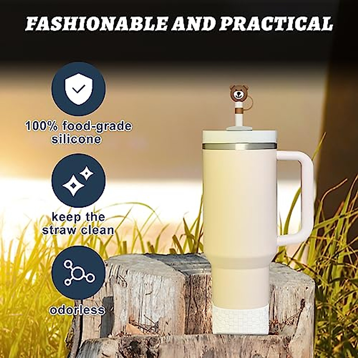 UBEEKOO Tumbler Cup Boot and Straw Covers Cap, Compatible with Stanley Tumbler 30/40oz, Including 1 Protective Silicone Boot and 1 Straw Toppers,Brown Bear 10mm