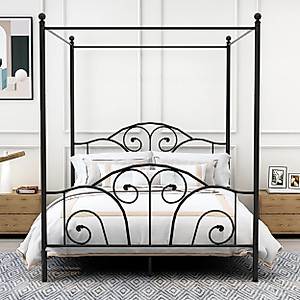 AUFANK Queen Size Four-Poster Metal Canopy Bed Frame with Headboard and Footboard Sturdy Slatted Structure No Box Spring Needed Black
