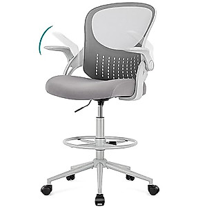 Drafting Chair with Flip-up Armrests and Foot-Ring, Tall Office Chair for Standing Desk Adjustable Height Office Desk Chair for Home Office, Breathable Mesh Swivel Rolling Tall Chair Grey