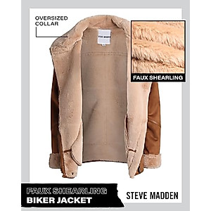 Steve Madden Women's Winter Coat - Faux Leather Moto Biker Jacket - Faux Shearling Lined Heavyweight Jacket for Women, S-XL, Size Large, Cognac