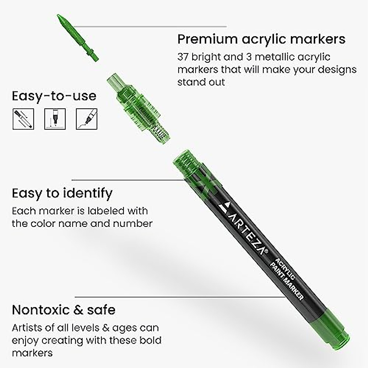 Arteza Acrylic Paint Markers, Set of 40 Acrylic Paint Pens in Assorted Colors, Small Barrel, Art & Craft Supplies, Use on Canvases for Painting, Glass, Pottery, Plastic, and Rock