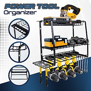 LORO ESSENTIALS Power Tool Organizer for Tool Storage - Garage Storage Tool Organizer Wall Mount - Storage Rack for Cordless Drill Holder - Heavy Duty Shelving with Tool Box Holder and Battery Holder