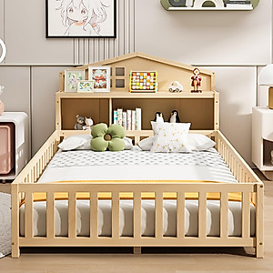 Mirightone Full House Bed with Storage Headboards and Blackboards,Versatile Full Size Platform Beds with Guard Rails,Solid Wood Floor Bed Frame for Kids,Natural