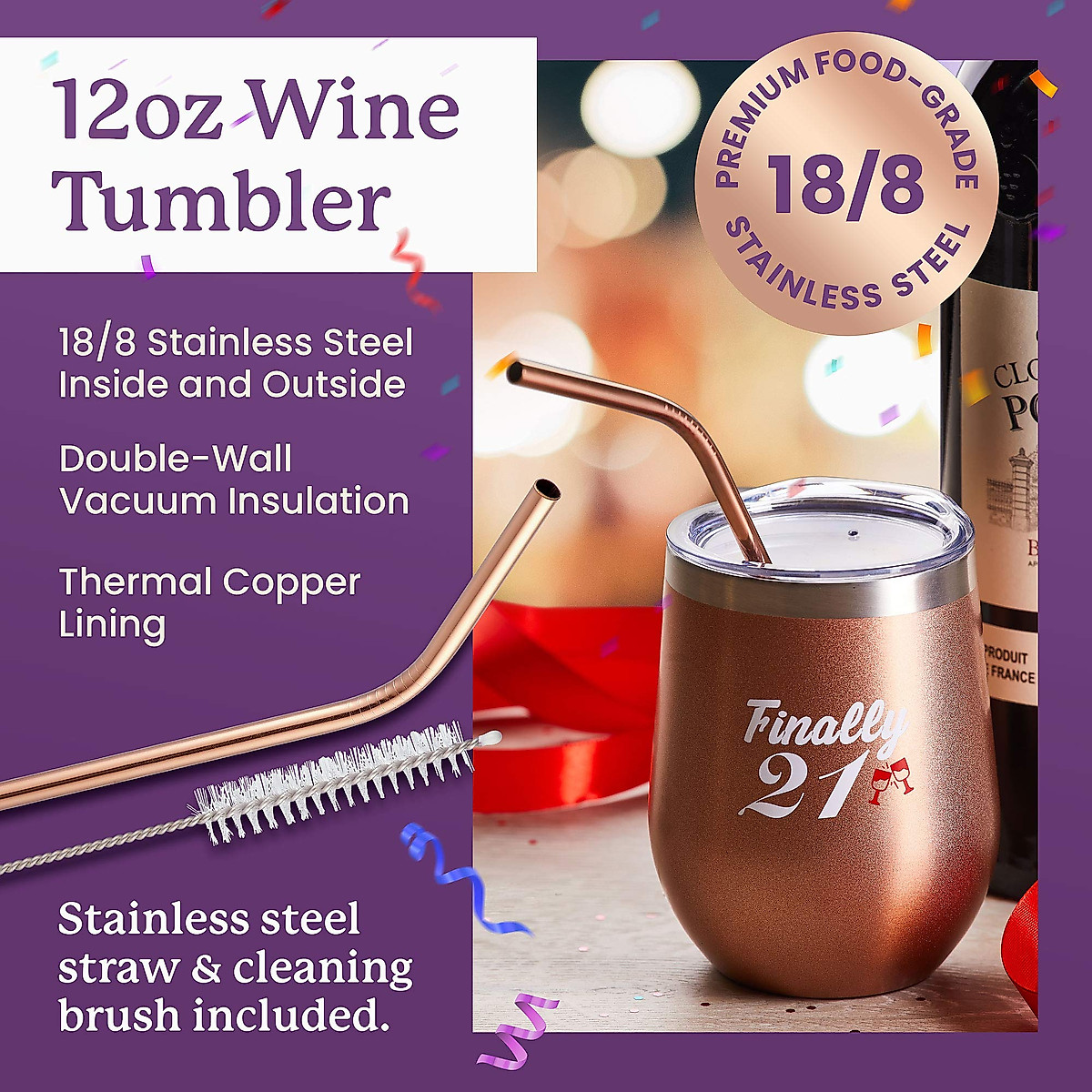 21st Birthday Gifts For Women, Funny Birthday Wine Gifts Ideas for Her, Friend, Daughter, Sister | Unique Finally 21 Stainless Steel Wine Tumbler Shot Glass Set For 21 Year Old