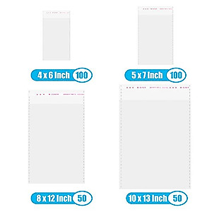 300pcs Clear Plastic Bags Resealable Cellophane Cello Bag Gift Treat Bags Self-Sealing Bag for Gift Wrapping Bakery Party Favors Packaging (4 x 6 Inch, 5 x 7 Inch, 8 x 12 Inch, 10 x 13 Inch)