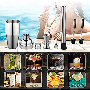 24 oz Cocktail Shaker Set Bartender Kit by Aozita, Stainless Steel Martini Shaker, Mixing Spoon, Muddler, Measuring Jigger, Liquor Pourers with Dust Caps and Manual of Recipes, Professional Bar Tools