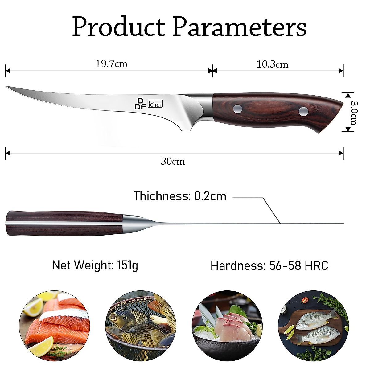 DDF iohEF Fillet Knife 7 Inch Professional Boning Knife High Carbon Japanese Stainless Steel Fish Knife with Full Tang Ergonomic Handle for Meat Cutting Trimming