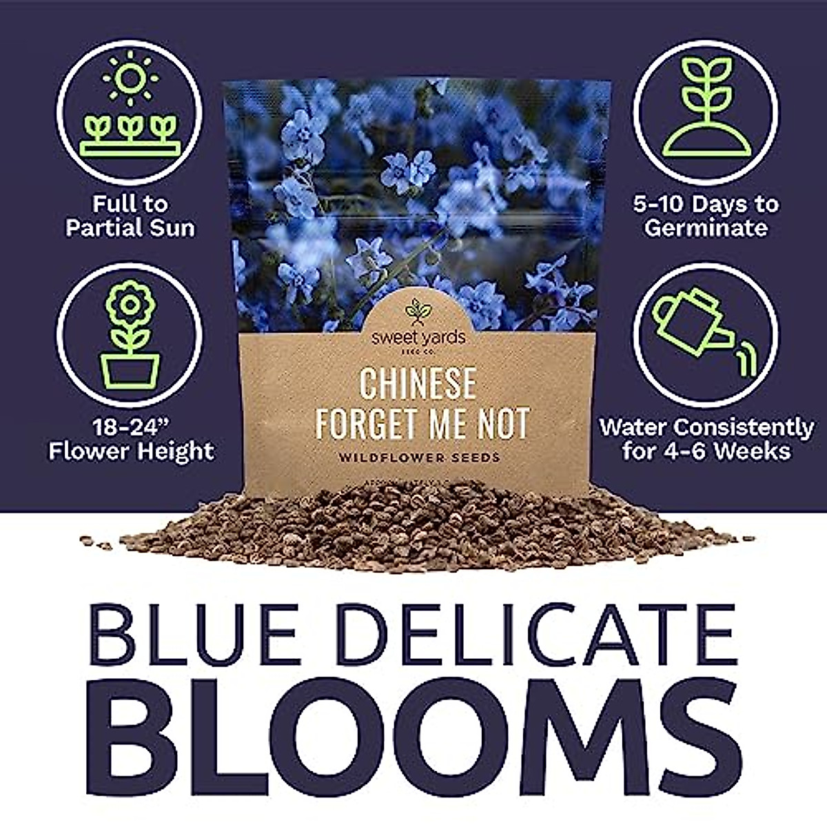 Chinese Forget Me Not Wildflower Seeds - Bulk 1 Ounce Packet - Over 5,500 Open Pollinated Seeds - Blue Cynoglossum amabile