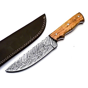 Nooraki REG-48 Hunting/Skinner Damascus Steel Handmade Knife 11 Inches Full Tang with Leather Sheath, Olive Wood