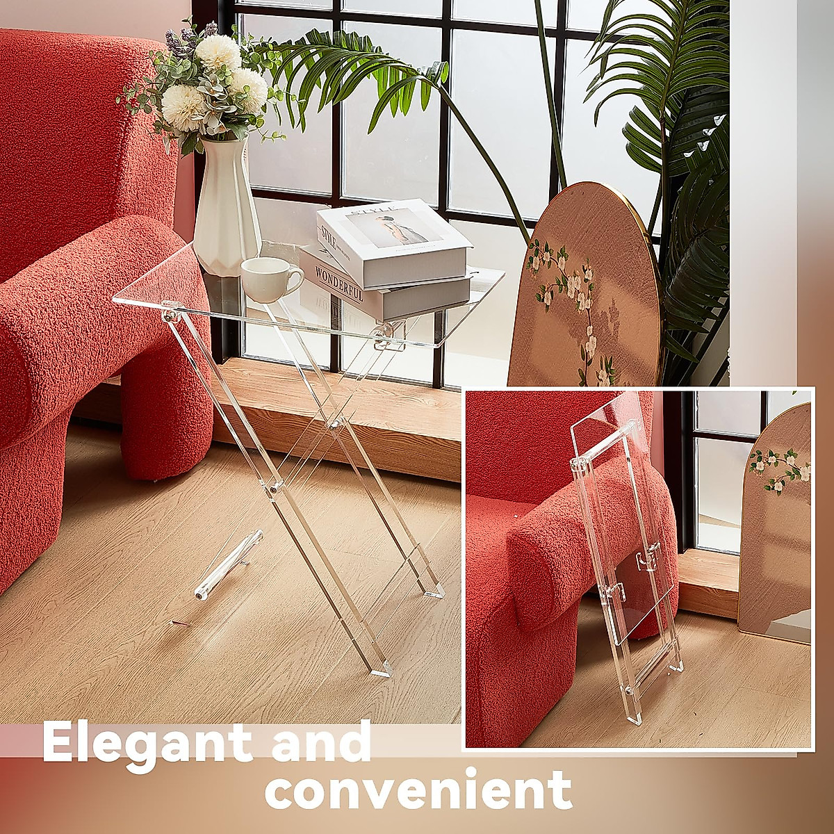 Beeveer 2 Pcs Acrylic Foldable TV Dinner Table Clear Small Folding TV Tray Table Space Saving Acrylic Dining Table for Eating Snack Coffee Bed Desk Side Living Room Kitchen Furniture Easy Assembly