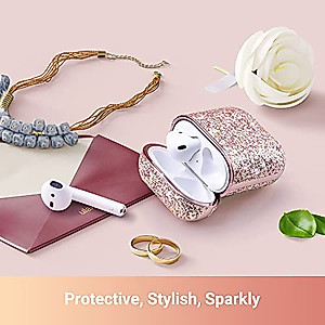ULAK Glitter Case for AirPods 1 & 2, Stylish Design AirPods Case Cover for Women Girls, Luxury Bling Sparkle Leather Airpod case 2nd Generation Shockproof Protective Cover with Keychain, Rose Gold