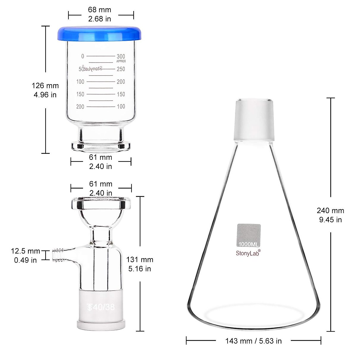 stonylab Borosilicate Glass Filtration Apparatus, Vacuum Filter Kit with 1000ml Filtering Flask