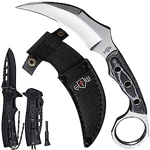 Bundle of 2 Items - Pocket Knife - Tactical Folding Knife - Knife with Fire Starter Paracord Handle - Claw Knife Micarta Handle Sharp Blade - Camping Knives - CSGO Karambits for Men and Women - Gifts