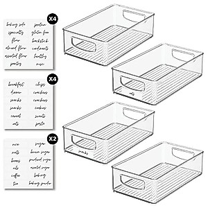 mDesign Plastic Kitchen Bins with Handles and Preprinted Cursive Food Labels Combo Set for Organizing Pantry, Kitchen, Shelves, or Counter, Includes 4 Clear Bins and 120 White Labels with Black Text