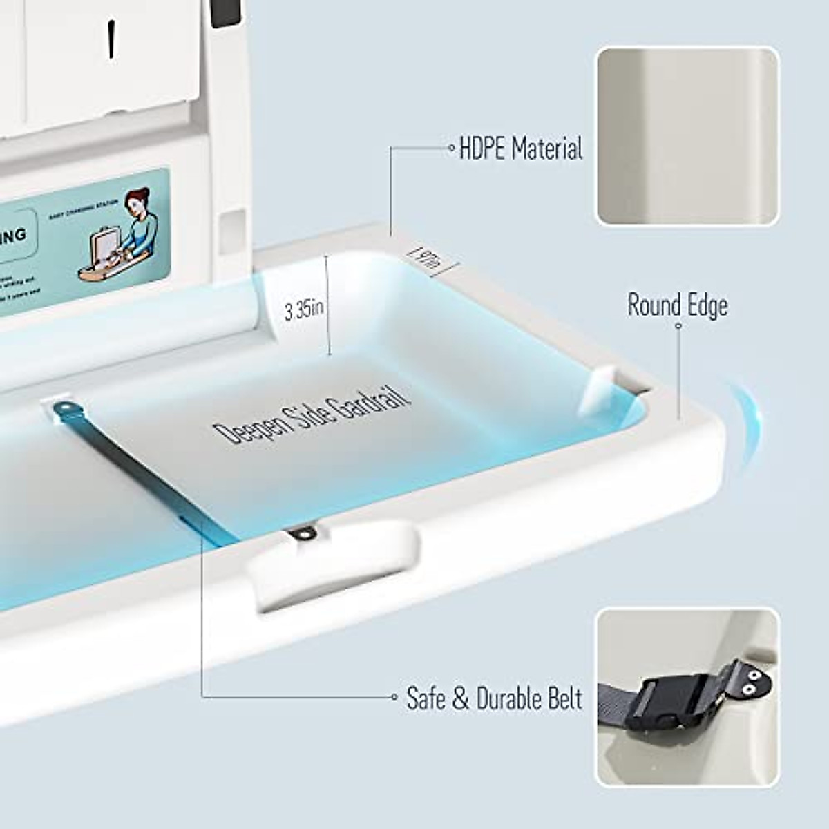 PLUSSEN Baby Changing Station Wall Mounted, Fold Down Commercial Baby Changing Station with Adjustable Safety Strap, Storage Box,Horizontal-X1005