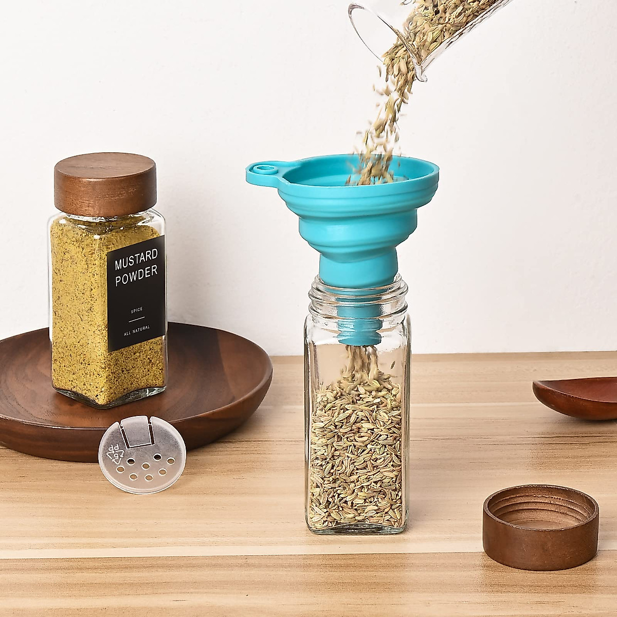 Yangbaga 35Pcs Glass Spice Jars with Labels，4oz Empty Square Spice Bottles with acacia wood lid & Shaker Lids and Silicone Collapsible Funnel Included