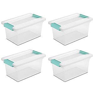 Sterilite Plastic Medium Clip Stacking Storage Box Container with Latching Lid for Home, Office, Workspace, and Utility Space Organization, 4 Pack