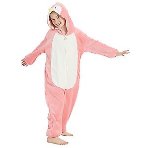 ABENCA Penguin Onesie Kids Animal Costume Girls Pajamas One Piece Plush Sleepwear Cosplay Halloween Christmas.Pink.140