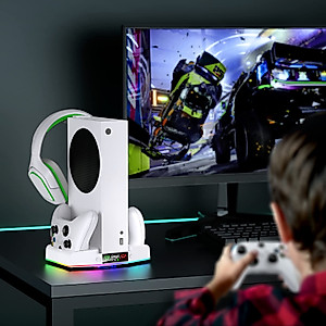 Upgraded Cooling Fan Stand for Xbox Series S with Charger Station, MENEEA Controller Charging Dock & Console Cooler System with 15 Colorful RGB Light & Headset Hook, Accessories for XSS