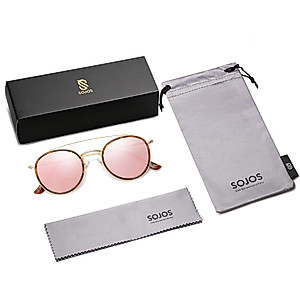 SOJOS Retro Vintage Round Polarized Sunglasses for Women Men Small Double Bridge Circle Sunnies SJ1104, Tortoise/Pink