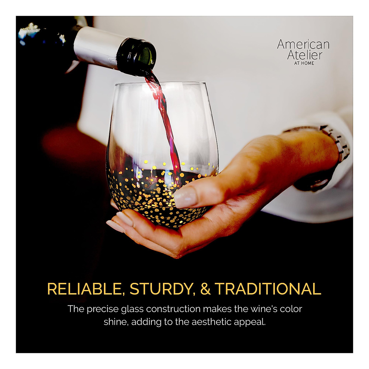 American Atelier Luster Stemless Goblet | Set of 6 | Made of Glass | Gold and Silver Confetti Design | 18-Ounce Capacity | Smooth Rim Red Wine Glasses | White Wine Tumblers